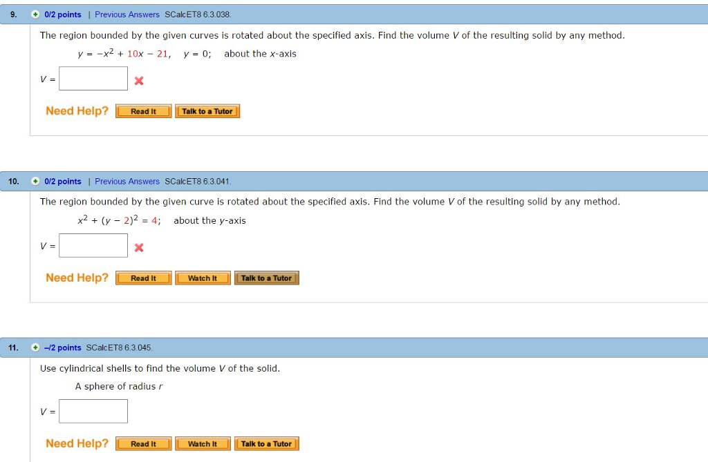 Solved 9. o/2 points| Previous Answers SCalcET8 6.3.038. The | Chegg.com