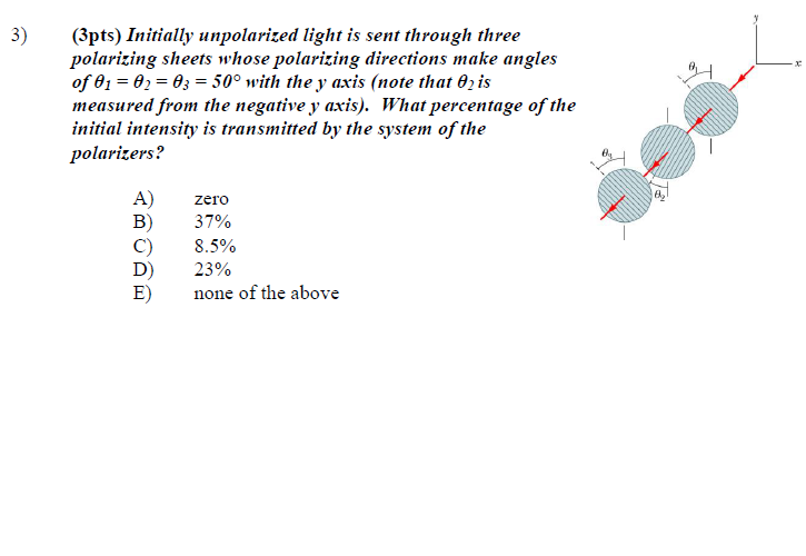 Solved 3) (3pts) Initially unpolarized light is sent through | Chegg.com