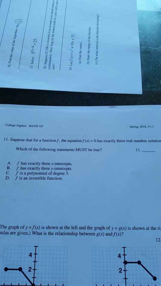 Solved College Algebra MATH 107 Spring, 2018, V1.1 3. | Chegg.com