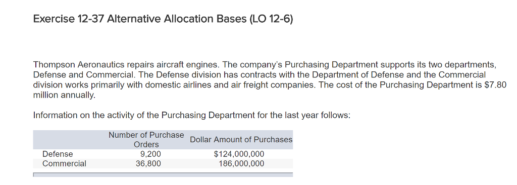 Solved Exercise 12-37 Alternative Allocation Bases (LO 12-6) | Chegg.com