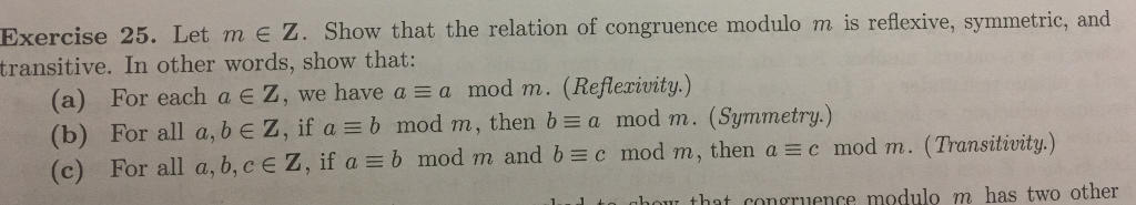 Solved Let m epsilon Z. Show that the relation of congruence | Chegg.com
