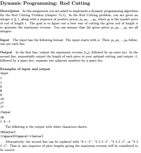 Solved Dynamic Programming: Rod Cutting Description In this | Chegg.com