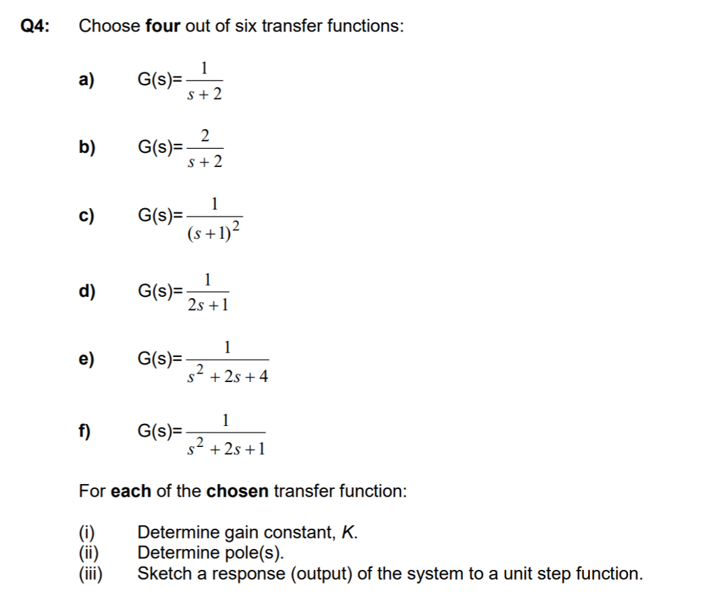 Solved Q4: Choose four out of six transfer functions: a) | Chegg.com