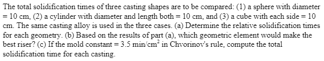 Solved The total solidification times of three casting | Chegg.com