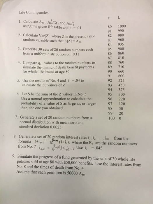 Life Contingencies Calculate using the given life | Chegg.com