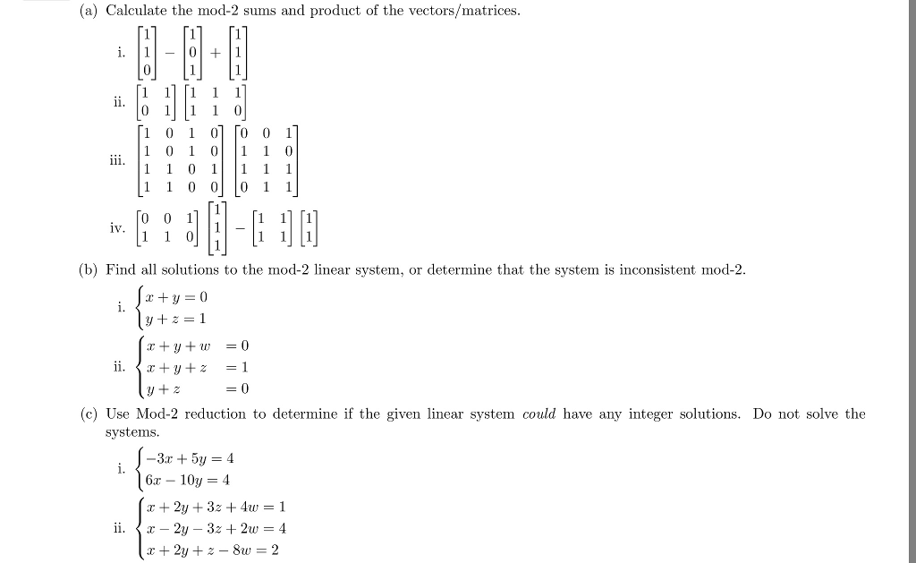 Solved 5. Mod-2 Arithmetic Mod-2 arithmetic is a common tool | Chegg.com