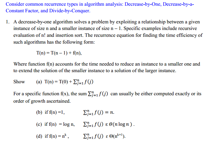 Consider common recurrence types in algorithm | Chegg.com