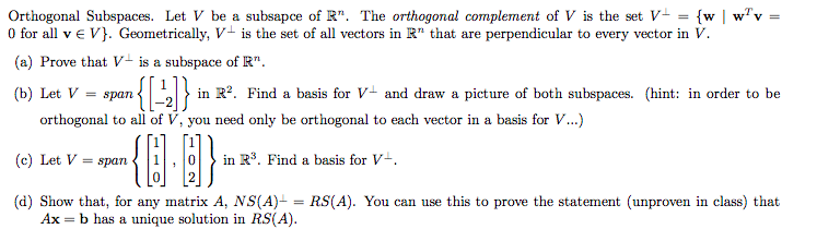 Solved Orthogonal Subspaces. Let V be a subsapce of R". The | Chegg.com