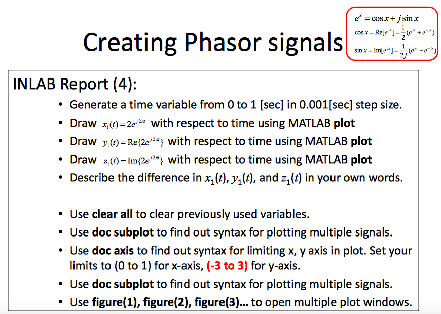 Solved Creating Phasor signals e* = cos x +jsinx 2j INLAB | Chegg.com