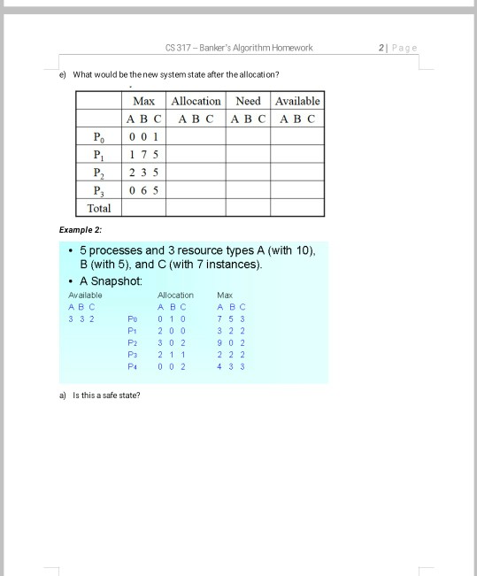 Solved CS 317-Banker's Algorithm Homework 1 Page Example 1 | Chegg.com