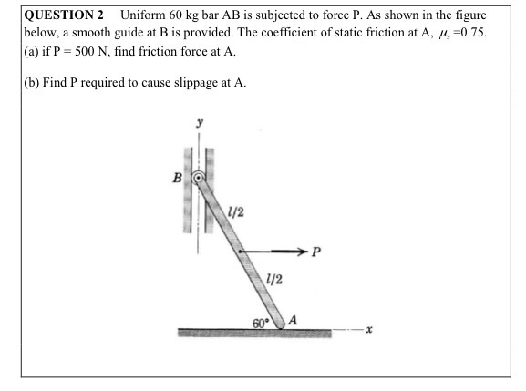 Solved Uniform 60 kg bar AB is subjected to force P. As | Chegg.com