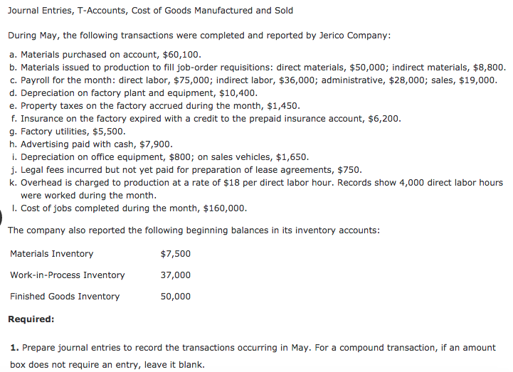 Solved Journal Entries, T-Accounts, Cost of Goods | Chegg.com