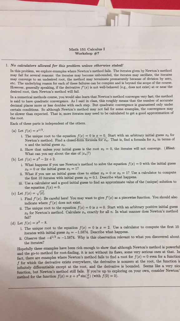 Solved Math 151 Calculus I Workshop #7 1. No calculators | Chegg.com