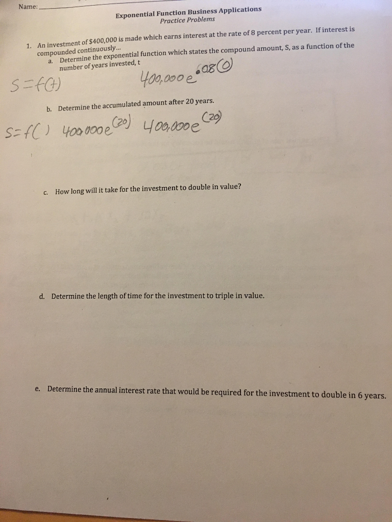 Solved Name: Exponential Function Business Applications | Chegg.com