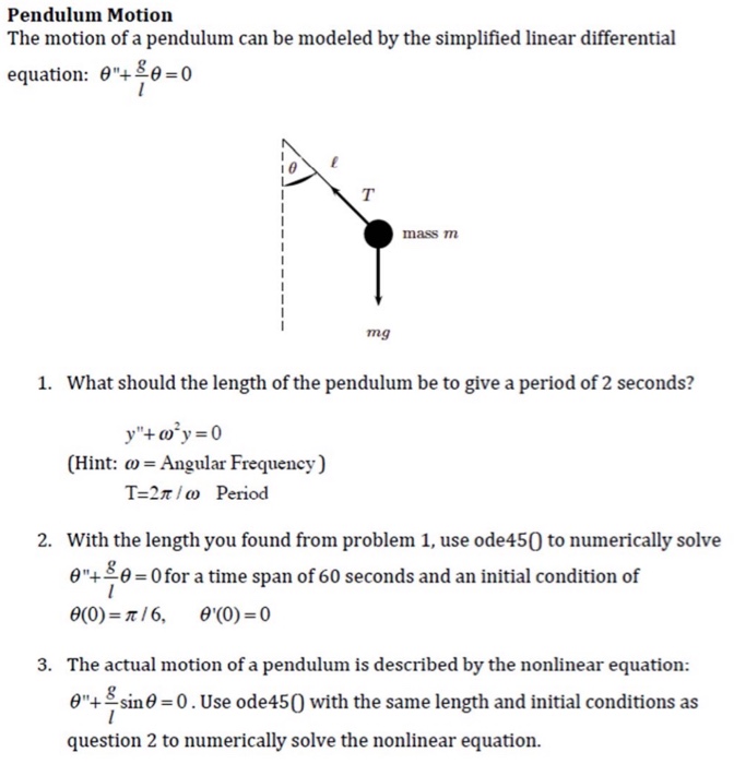 Solved Matlab Ode45the Motion Of A Pendulum Can Be Modeled 1232