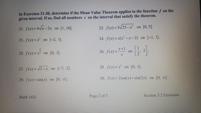 Solved In Exercises 21-30, determine if the Mean Value | Chegg.com