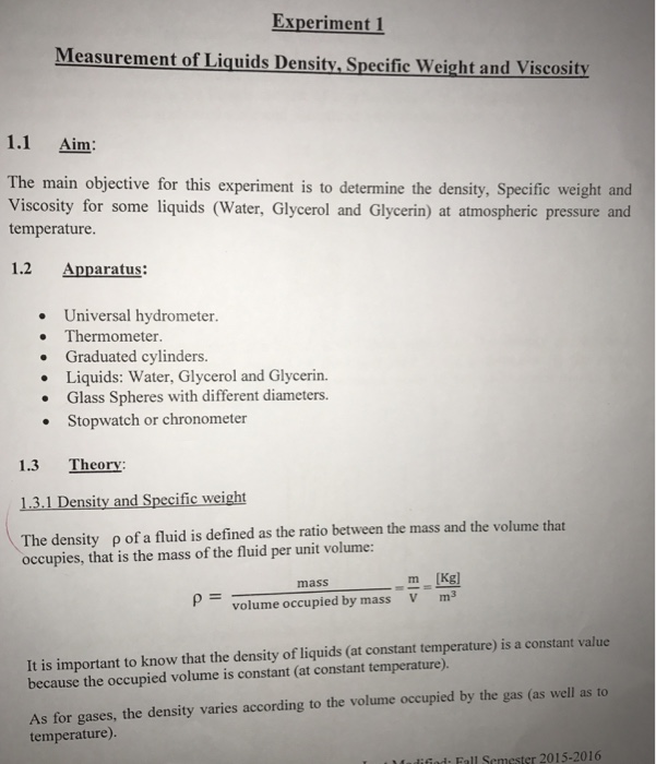 Solved Experiment: Measurement of liquids density, specific | Chegg.com