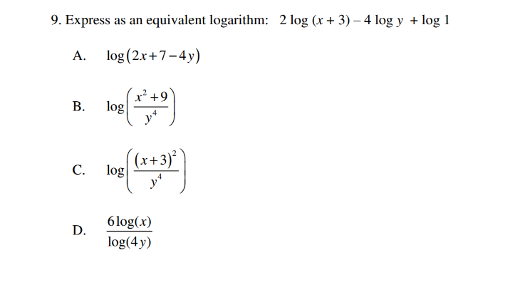 Solved Express as an equivalent logarithm: 2 log (x + 3) - 4 | Chegg.com