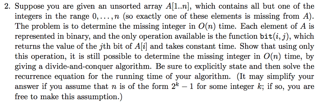 Solved 2. Suppose you are given an unsorted array A[1..n], | Chegg.com