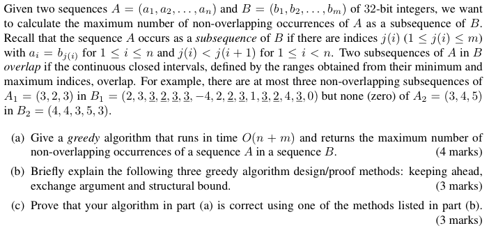 Given two sequences A = (a1, a2,... ,an) and B = (b1, | Chegg.com