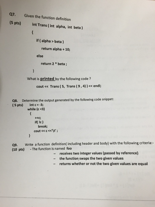 Solved Given the function definition int Trans ( int alpha, | Chegg.com