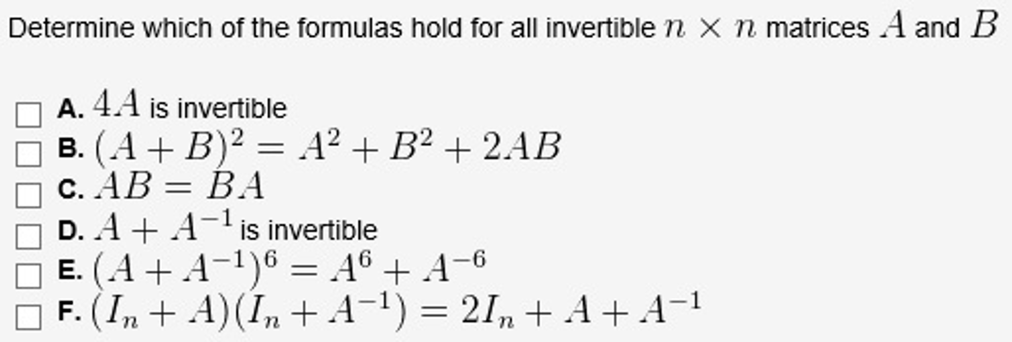Solved Linear Algebra: Determine which of the formulas hold | Chegg.com