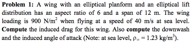 Solved Problem 1: A wing with an elliptical planform and an | Chegg.com