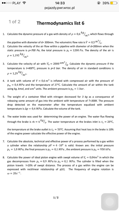 Solved Calculate the dynamic pressure of a gas with density | Chegg.com