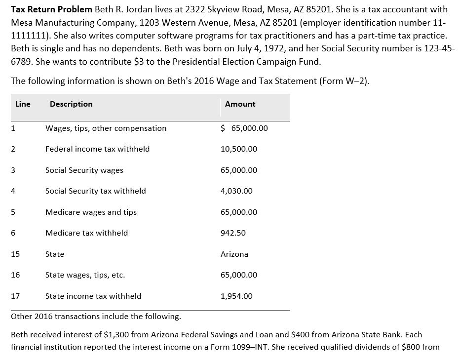 Tax Return Problem Beth R. Jordan lives at | Chegg.com