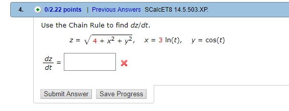 Solved 4. + 0/2.22 points Previous Answers SCalcET8 | Chegg.com