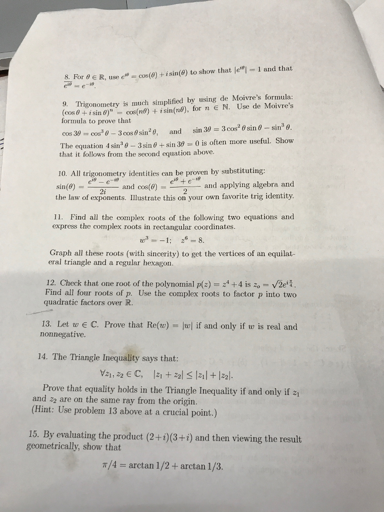 Solved For theta elementof R, use e^i theta = cos(theta) + i | Chegg.com