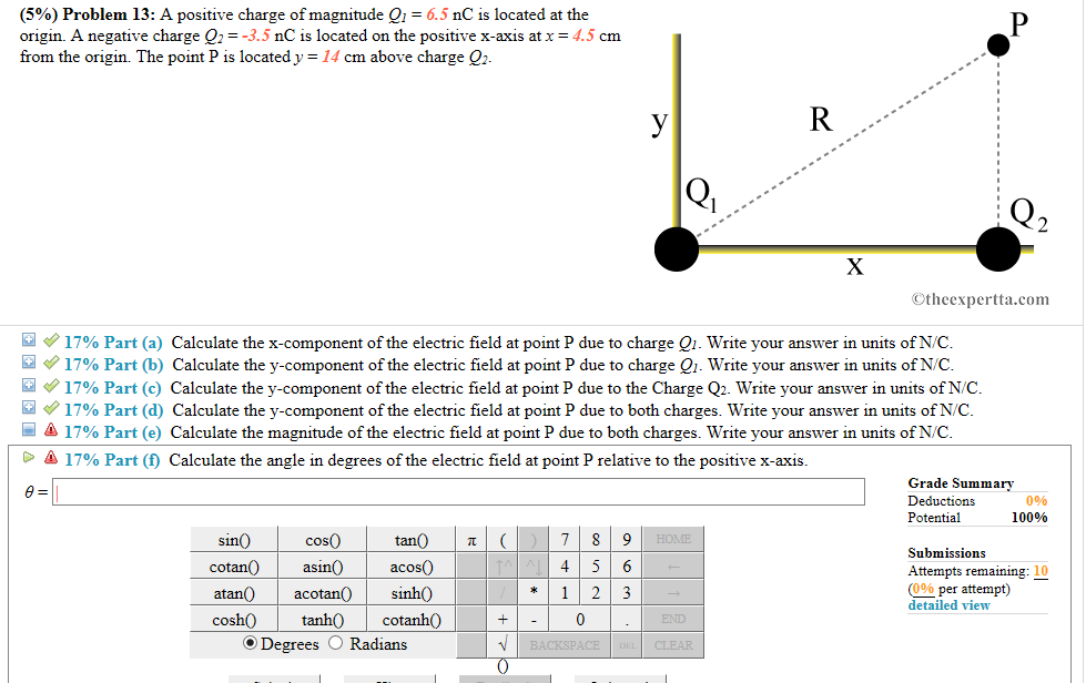 Solved (5%) Problem 13: A positive charge of magnitude Q1 | Chegg.com