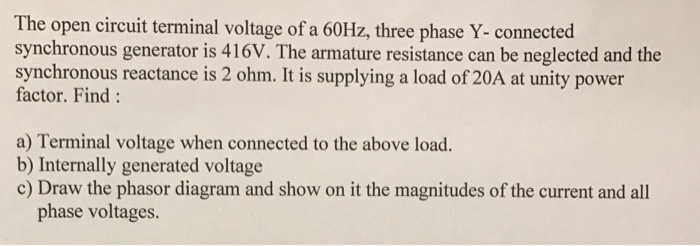 Solved The open circuit terminal voltage of a 60Hz, three | Chegg.com