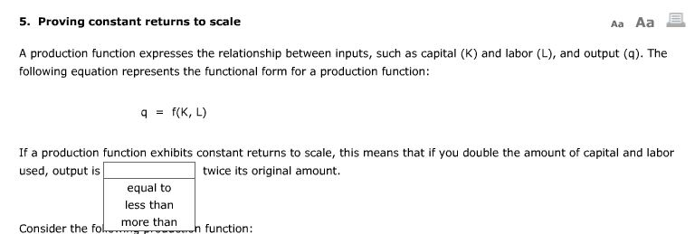 Solved 5. Proving constant returns to scale AaAa 을 A | Chegg.com