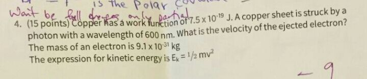 Solved Copper was a work function of 7.5 times 10^-19 J. A | Chegg.com