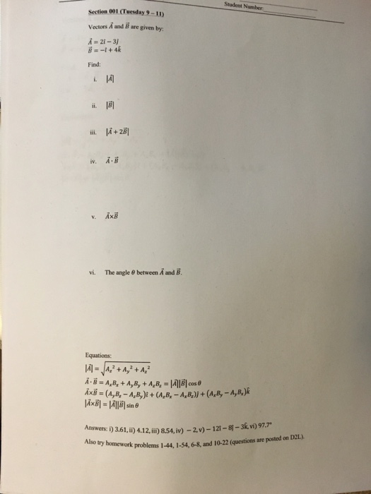 Solved Student Number Section 001 CTuesday 9-1) Vectors and | Chegg.com