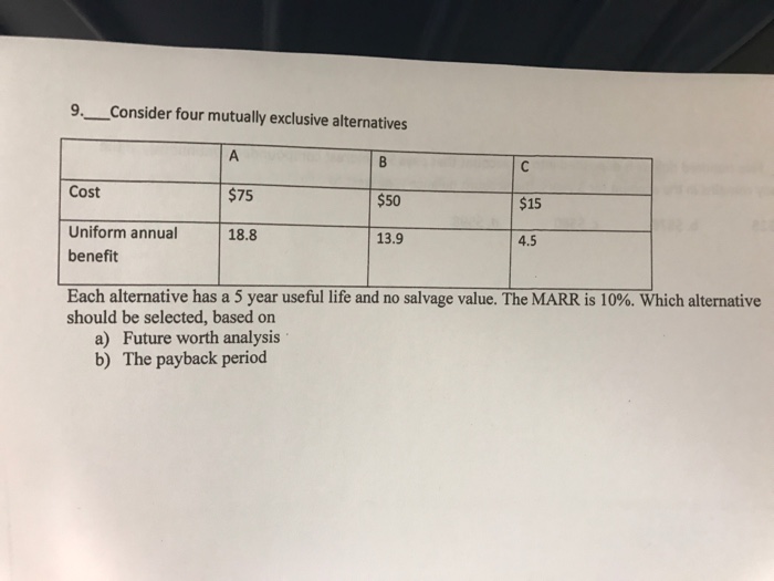 Solved Consider four mutually exclusive alternatives Each | Chegg.com