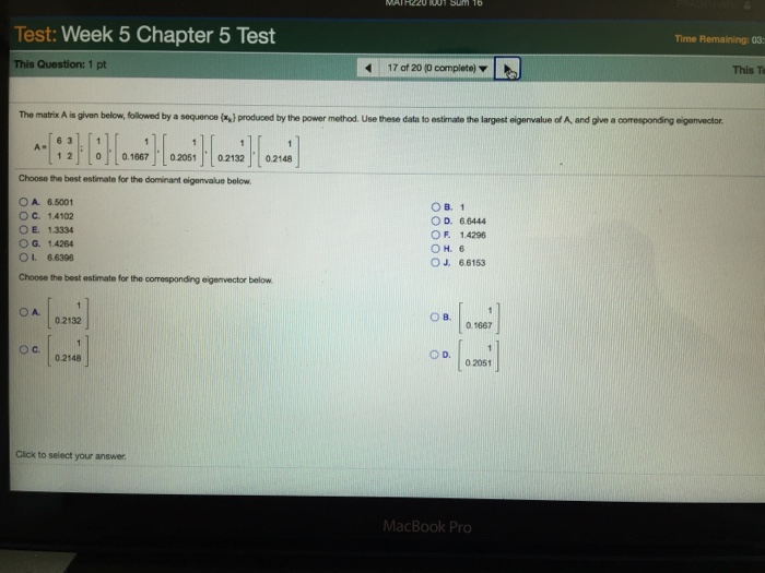 Solved The matrix A is given below, followed by a sequence | Chegg.com