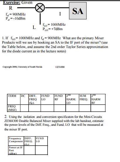 Solved If f_LO = 1000MHz and f_rf = 900MHz What are the | Chegg.com