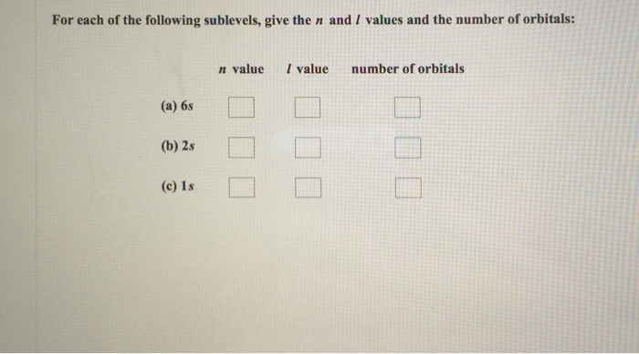 Solved For each of the following sublevels, give the n and l | Chegg.com