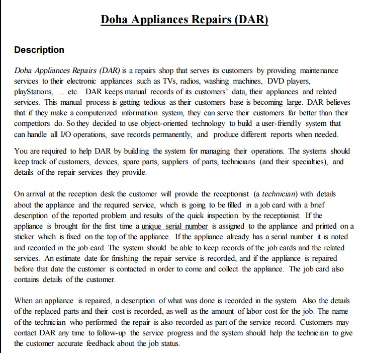 Solved Doha Appliances Repairs (DAR) Description Doha | Chegg.com