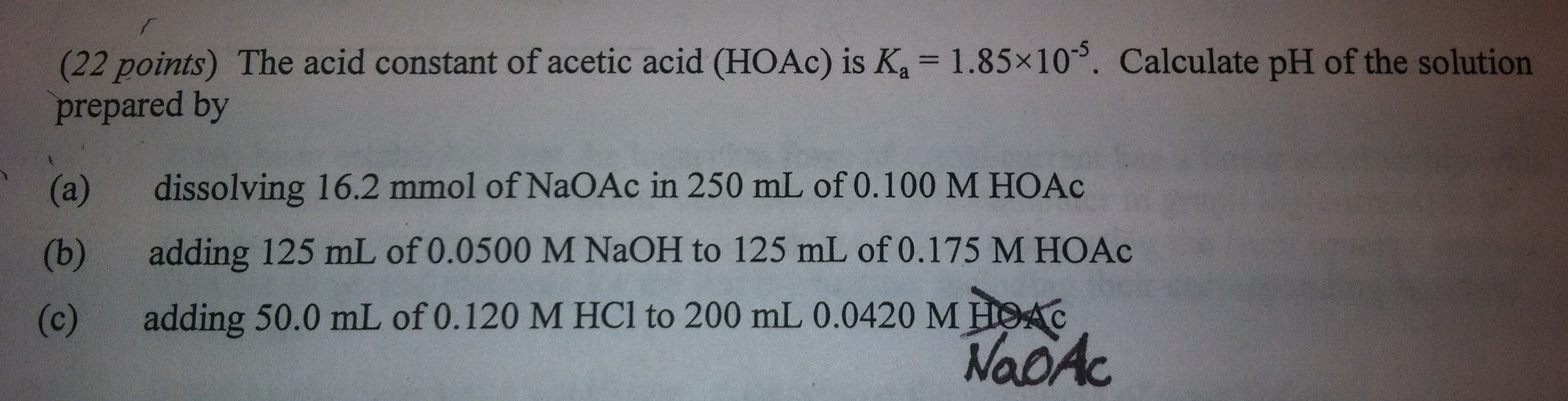 Solved The acid constant of acetic acid (HOAc) is Ka = 1.85 | Chegg.com