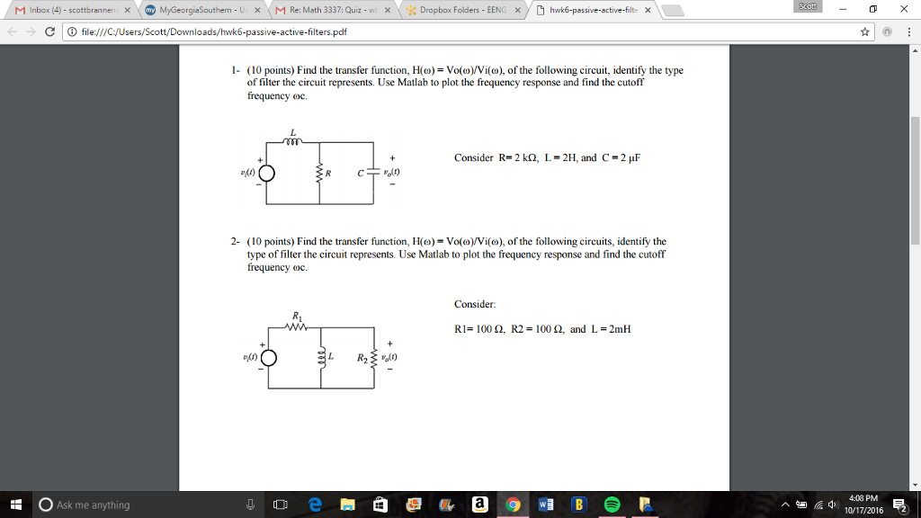 Solved Find the transfer function, H(omega) = Vo | Chegg.com