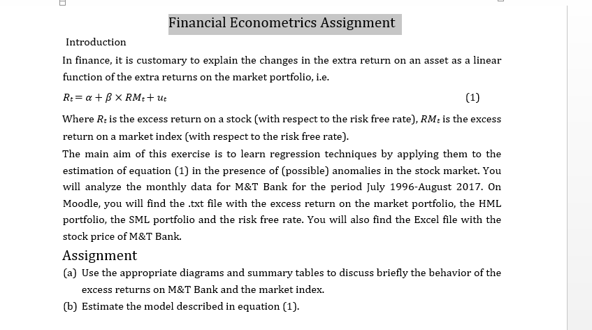 Financial Econometrics Assignment Introduction In | Chegg.com