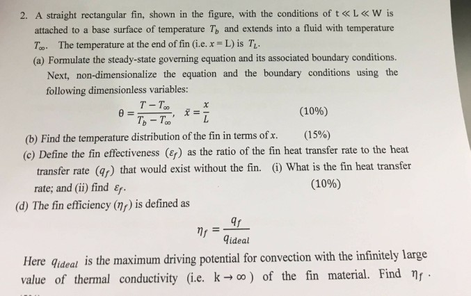 Solved 2. A straight rectangular fin, shown in the figure, | Chegg.com