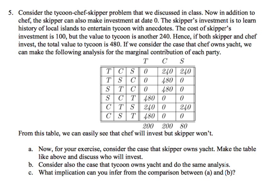 5. Consider the tycoon-chef-skipper problem that we | Chegg.com