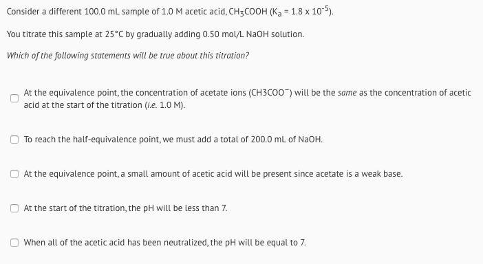 Solved Consider a different 100.0 mL sample of 1.0 M acetic | Chegg.com
