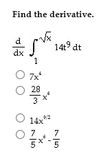 Solved Find the derivative. d/dx integral_1^squarerott x 14 | Chegg.com