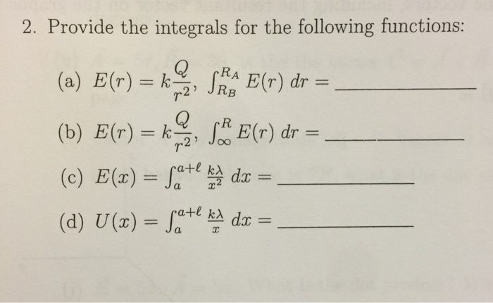 Solved Provide the integrals for the following functions: | Chegg.com