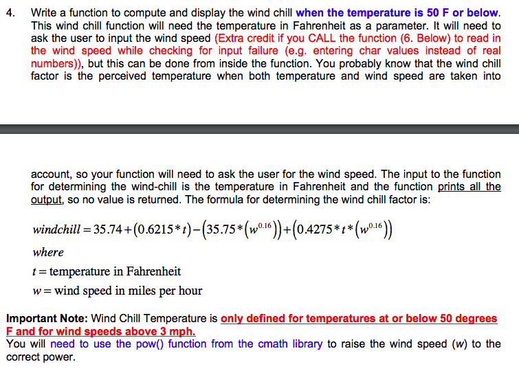 Solved 4. Write a function to compute and display the wind | Chegg.com